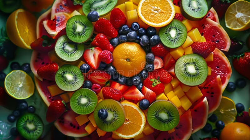 A Vibrant Fruit Salad Rotating Gracefully from Above Stock Illustration ...