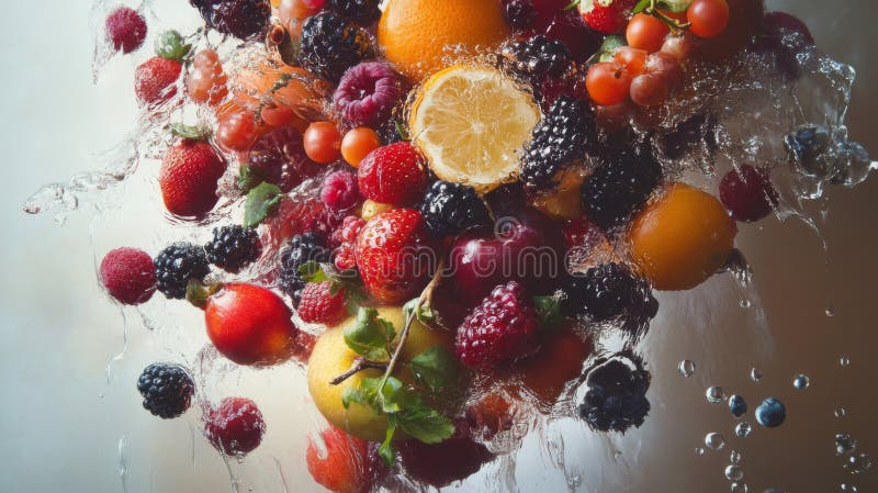 Vibrant Fruit Splash: Berries, Citrus, and Water Stock Illustration ...