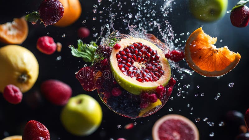 Vibrant Fruit Splash: Pomegranate, Raspberry and Orange Stock ...