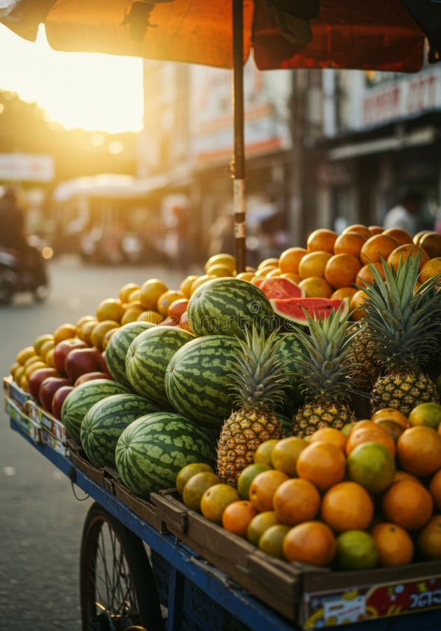 Vibrant Fruit Stand at Sunset in a City Street Stock Illustration - Illustration of tropical ...