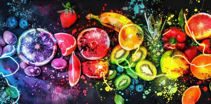 Vibrant Fruit Still Life with Neon Lights and Paint Splatter Stock ...