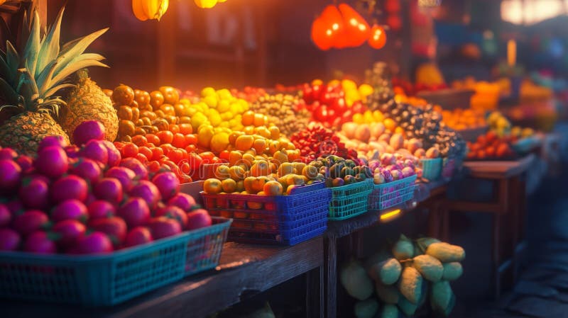 Vibrant Fruit and Vegetable Market Stall at Dusk Stock Illustration ...