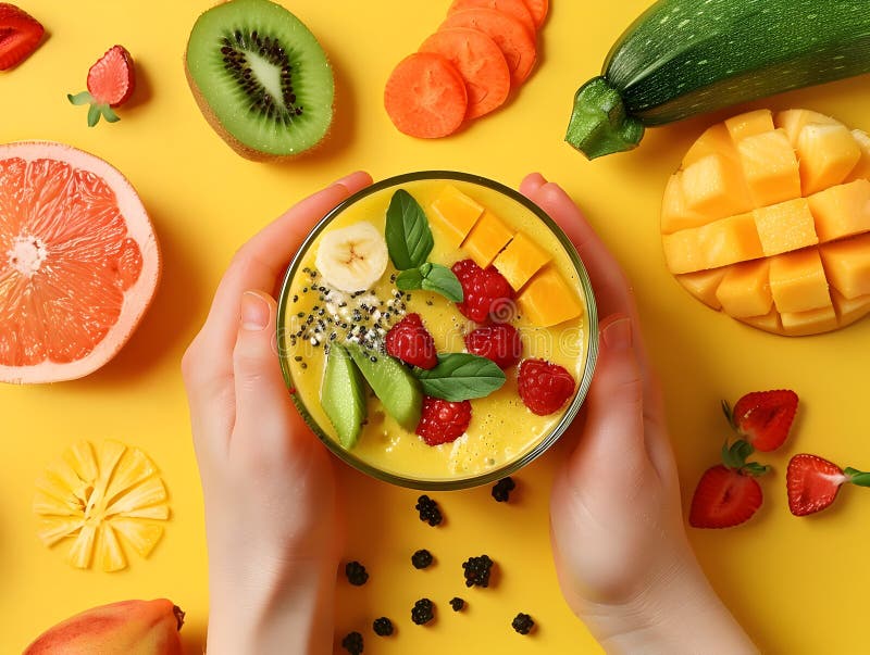 Vibrant Fruit and Vegetable Smoothie with Assorted Toppings on ...