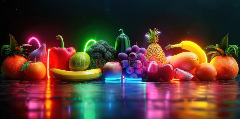 Vibrant Fruits and Vegetables with Neon Lights Stock Illustration - Illustration of food ...