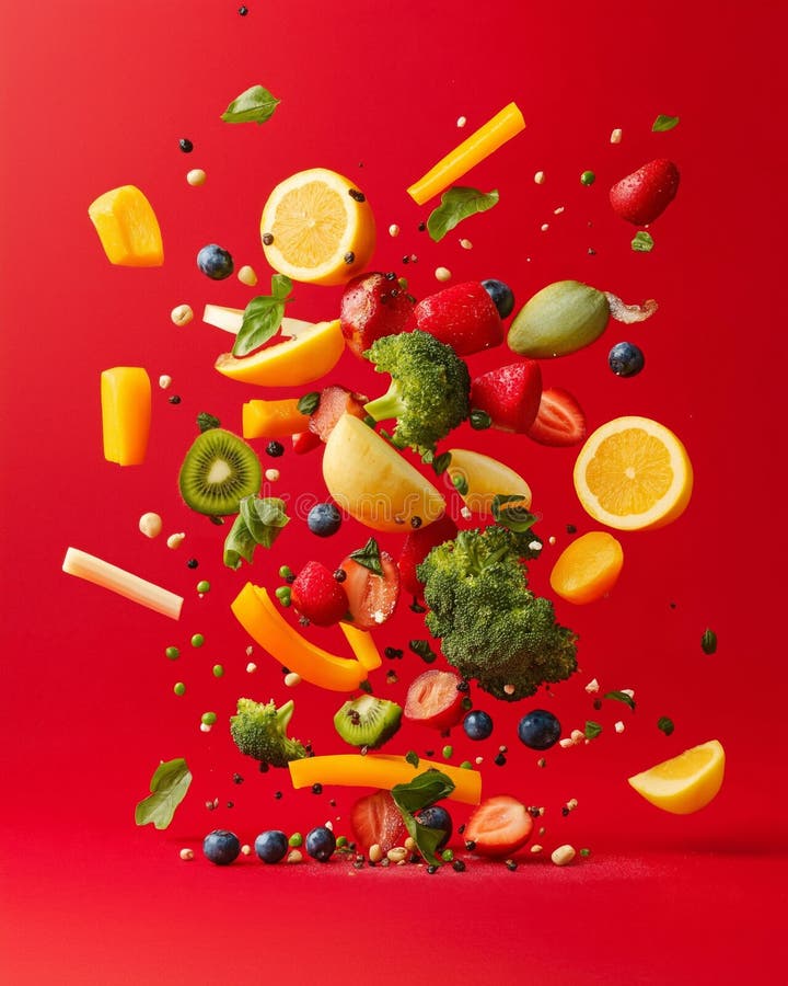 Floating Fruits Vegetables Vibrant Red Orange Background Stock Photos ...