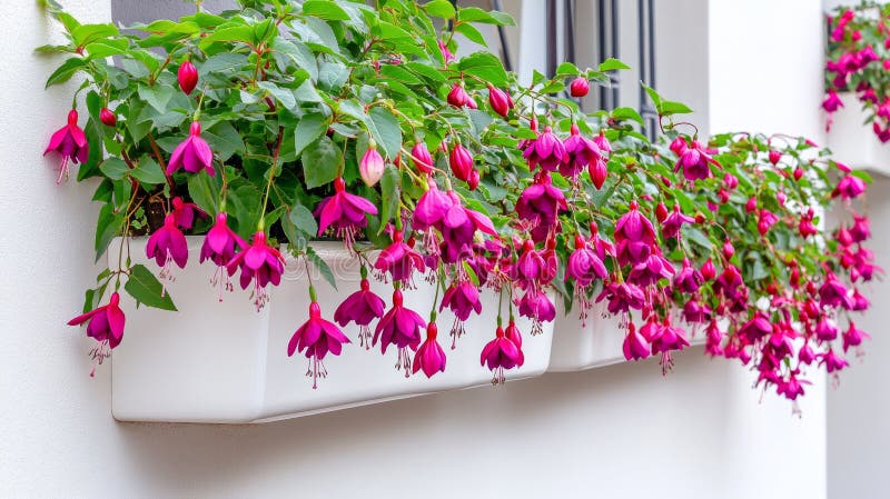 Vibrant Fuchsia Plants Overflowing from White Window Boxes Stock Photo ...