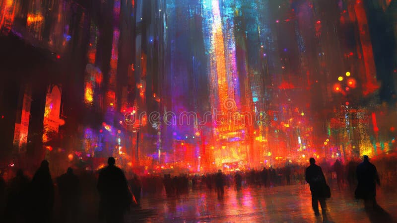 Vibrant Futuristic City at Night with Crowds Stock Illustration ...