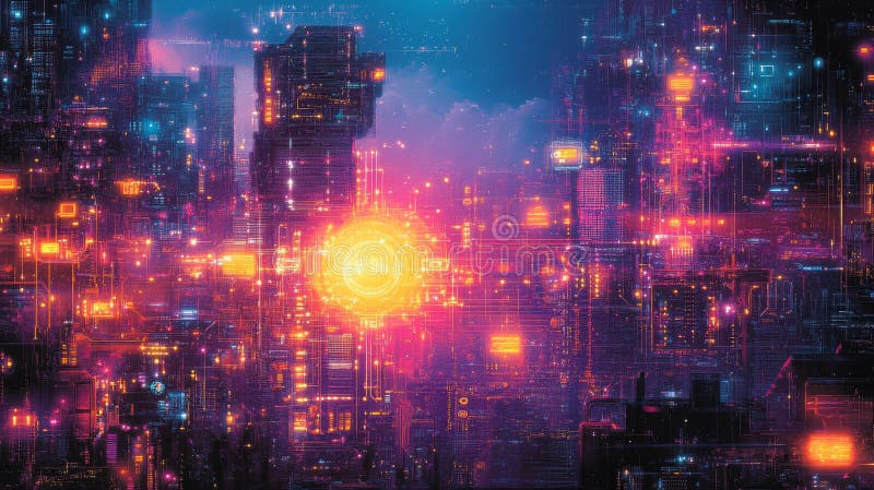 Vibrant Futuristic City Nightscape with Glowing Lights Stock ...