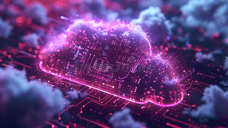 Vibrant, Futuristic Cloud Computing Illustration with Glowing Circuits ...