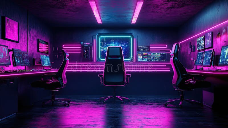 A Vibrant, Futuristic Gaming Room with Neon Accents, Multiple Computer Setups, and Comfortable ...