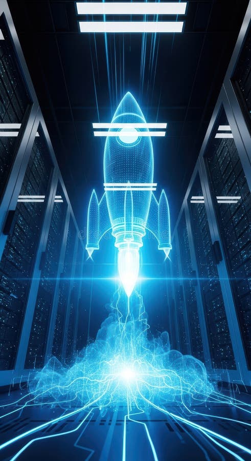 Digital Rocket Launch in Server Room - Futuristic Technology Concept ...