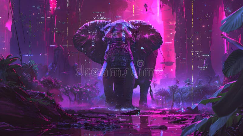 A Vibrant, Futuristic Scene Featuring a Large Elephant Amidst Neon-lit ...