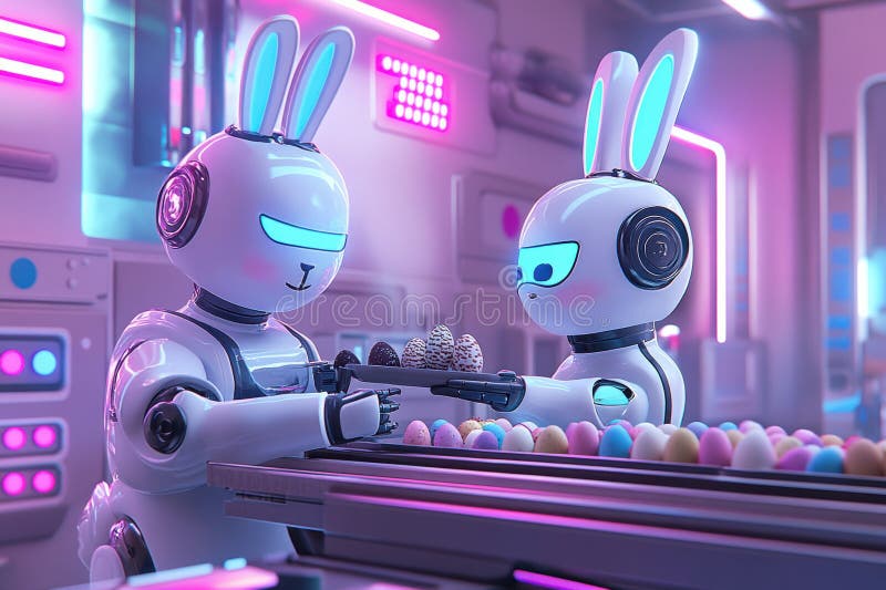 In a Vibrant Futuristic Setting, Two Robotic Bunnies Harmoniously ...