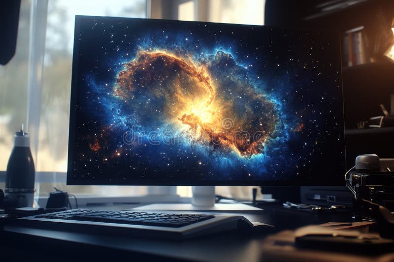 Galaxy Visualization Displayed on a Computer Screen in a Cozy Workspace ...