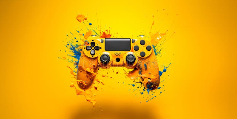 Vibrant Gaming Controller with Dynamic Paint Splash on Yellow Backdrop ...