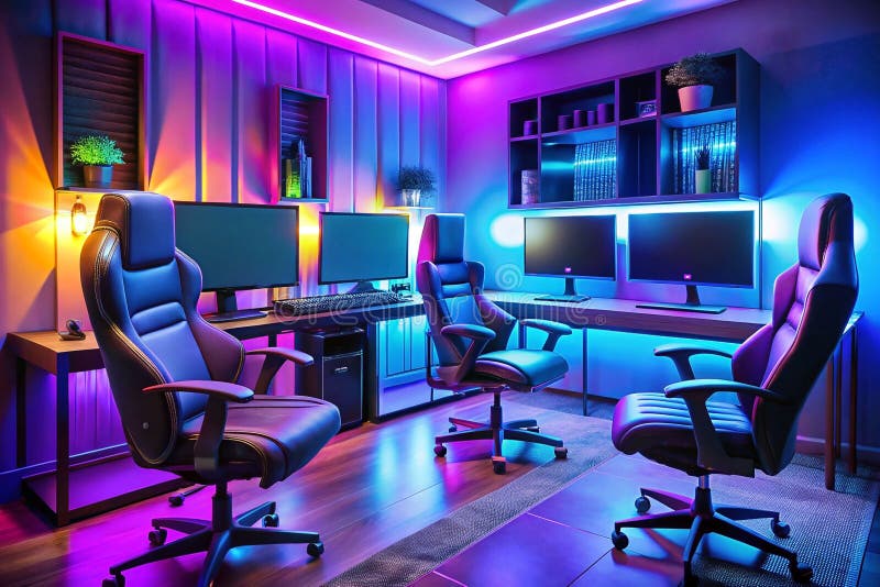 Vibrant Gaming Room with LED Lights, Multiple Computers, and Ergonomic ...