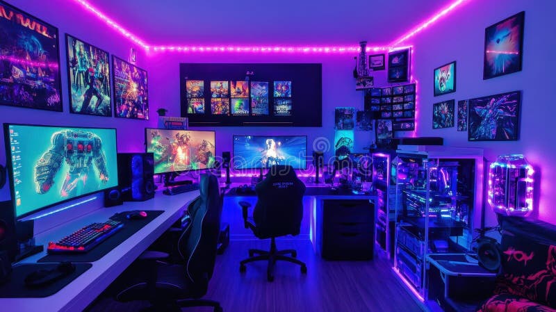 A Vibrant Gaming Setup Featuring Multiple Monitors, LED Lights, and ...