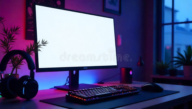 Neon Gamer Setup stock photo. Image of pink, lights - 375942068