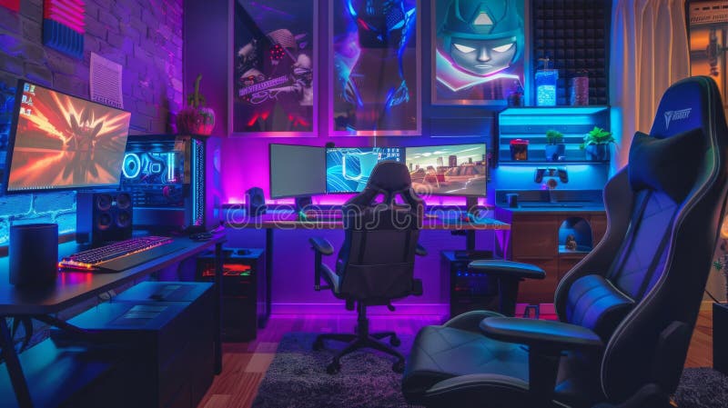 Vibrant Gaming Setup with LED Lighting in Modern Home Office at Night ...