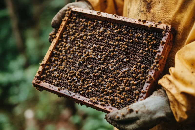 A Beekeeper Examines an Empty Hive Frame in a Lush Garden, Preparing ...