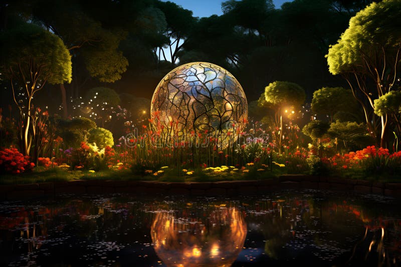 A Vibrant Garden at Night, Highlighted by a Glowing Orb and Lush Flora ...