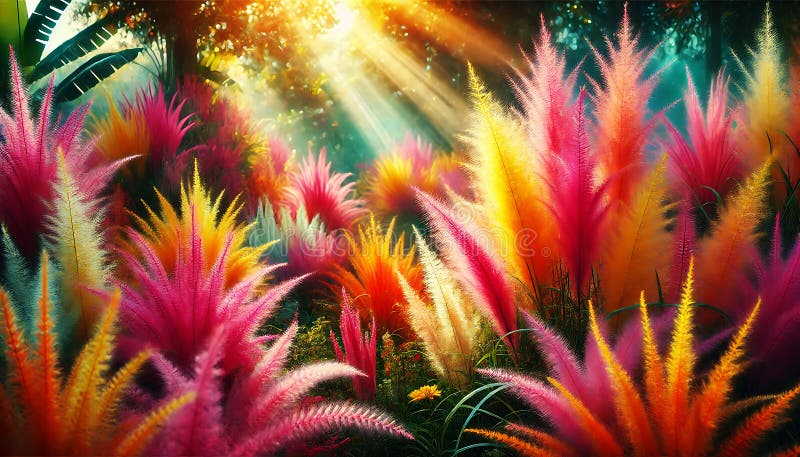 Vibrant Garden Scene with Colorful Feathery Plants Stock Illustration ...
