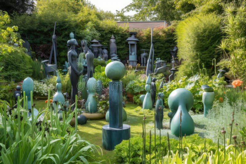 Vibrant Garden with Sculptures of Various Sizes and Shapes Stock ...