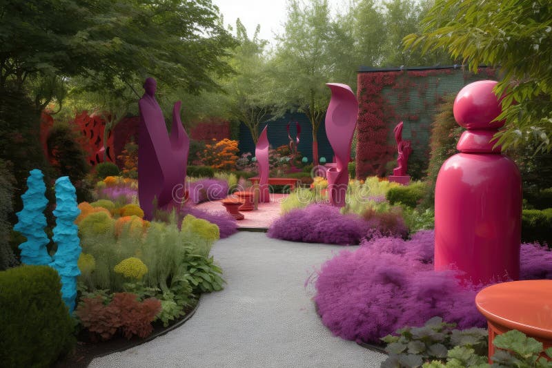 Vibrant Garden with Sculptures of Various Sizes and Shapes Stock ...