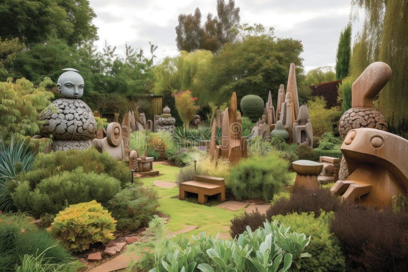 Vibrant Garden with Sculptures of Various Sizes and Shapes Stock ...