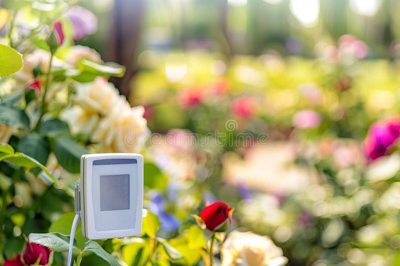 Vibrant Garden with Sensor Device among Blooming Flowers in a Sunny ...