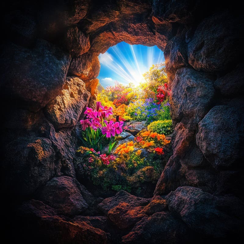 Vibrant Garden View through a Rocky Cave Stock Image - Image of opening ...