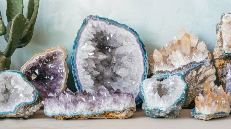 Vibrant Geode Collection with Cacti on Pastel Background Stock Photo ...