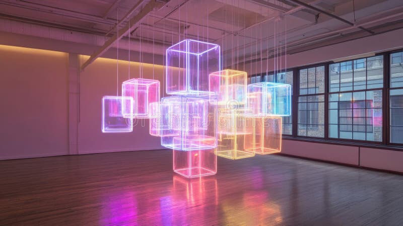 Vibrant Geometric Cube Installation with Neon Illumination in ...