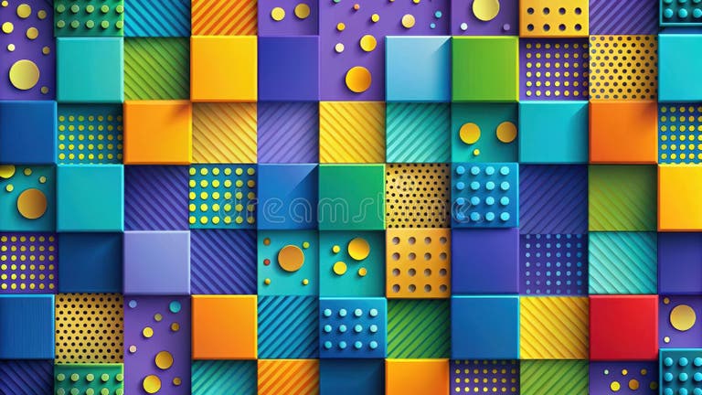 Vibrant Geometric Cube Mosaic Pattern with Textured Blocks and Circular ...