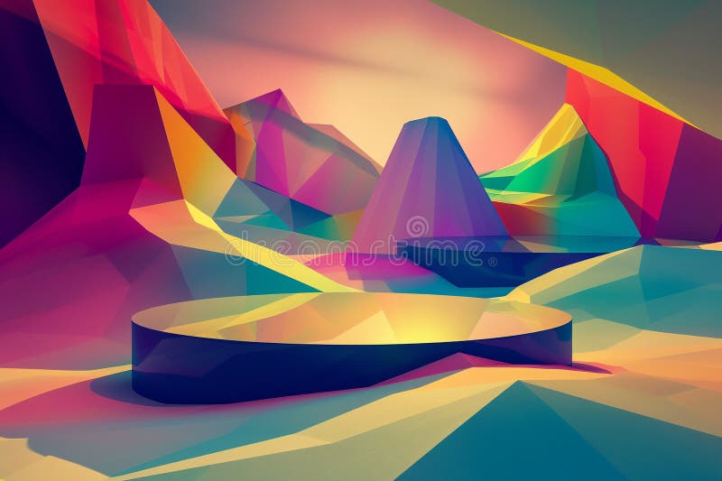 A Vibrant Geometric Landscape with a Podium Stage, Highlighted by a ...