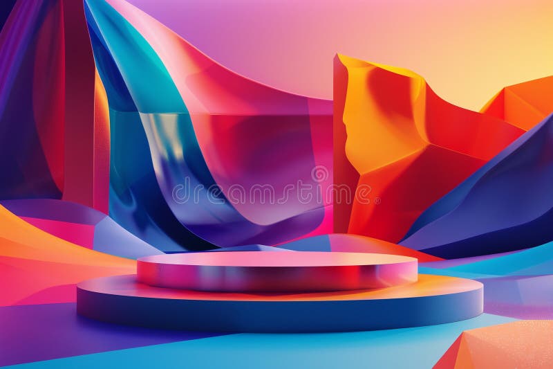 A Vibrant Geometric Landscape with a Podium Stage, Highlighted by a ...