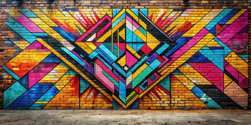 Vibrant Geometric Mural on Brick Wall, Featuring Bold Colors and Sharp ...
