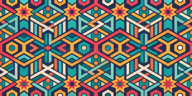 Vibrant Geometric Textile Design Featuring Interlocking Hexagons and ...
