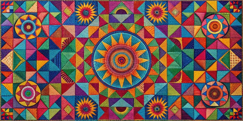 Vibrant Geometric Textile Design Featuring Sunburst and Triangular ...