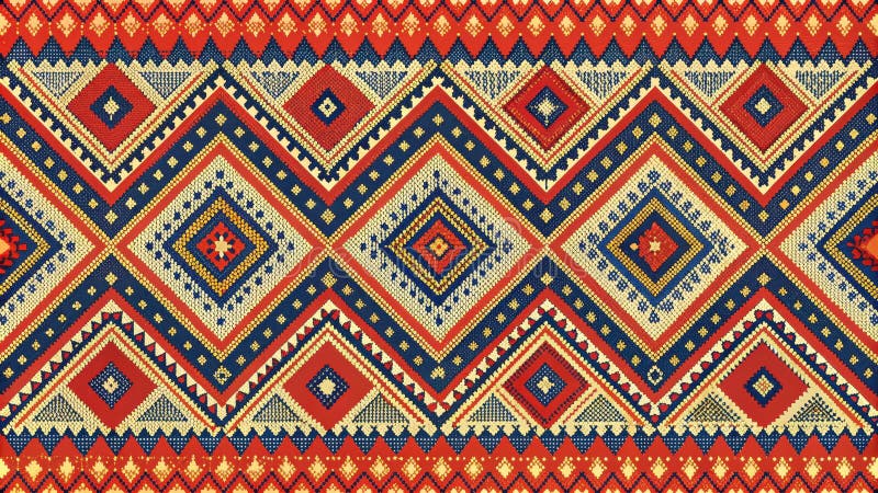 Vibrant Geometric Textile Design with Interlocking Diamond Patterns and ...