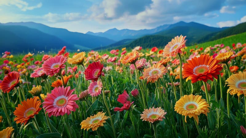 Vibrant Gerbera Daisies in a Field with Mountain Backdrop Stock ...