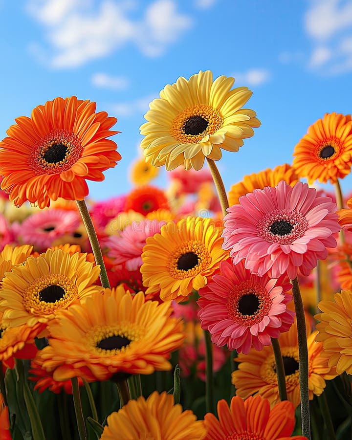 Vibrant Gerbera Daisies in Various Colors, Blooming Under a Sunny Sky ...
