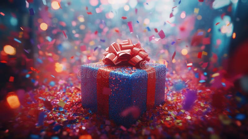 Vibrant Gift Box with Red Bow and Colorful Confetti Celebration Scene ...