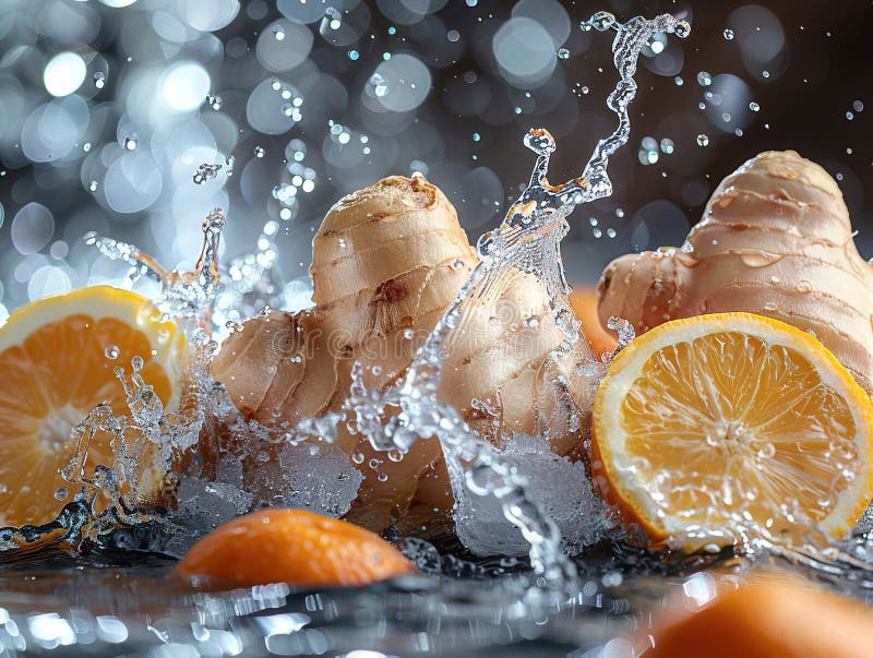 Vibrant GINGER Splashing with Water and Ice on Elegant Black Background ...
