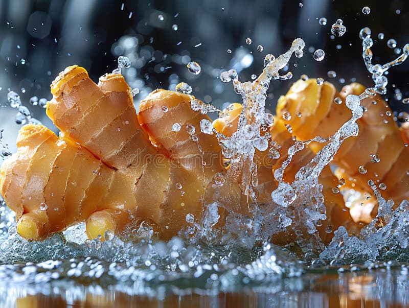 Vibrant GINGER Splashing with Water and Ice on Elegant Black Background ...
