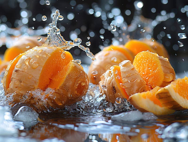 Vibrant GINGER Splashing with Water and Ice on Elegant Black Background ...