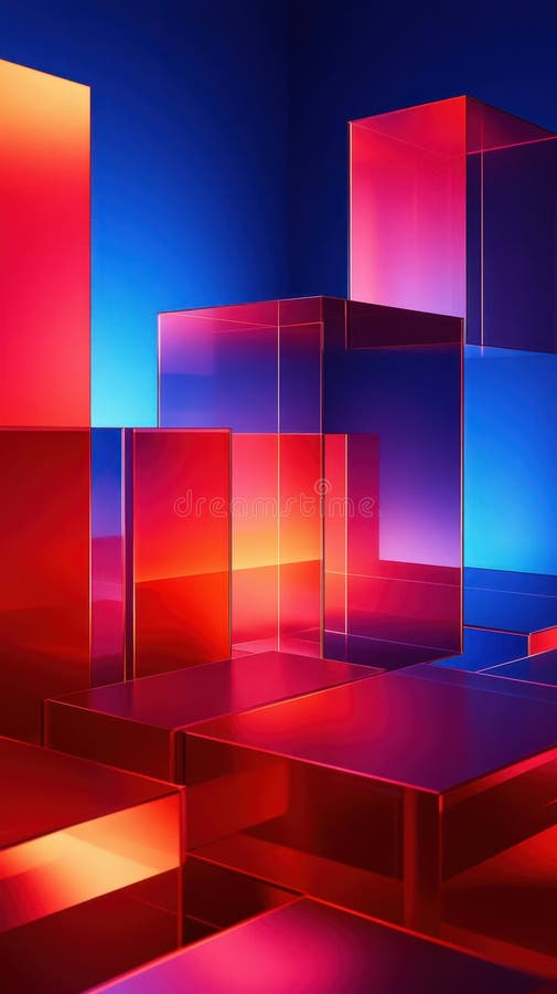 Vibrant Glass Cubes are Displayed in a Room Featuring a Striking Blue ...