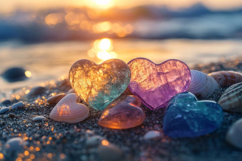Vibrant Glass Hearts in Sunset Light on a Beach, Surrounded by ...