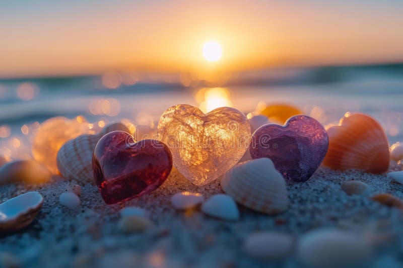 Vibrant Glass Hearts in Sunset Light on a Beach, Surrounded by ...