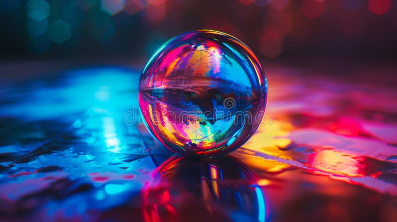 Vibrant Glass Sphere on Colorful Reflective Surface, Generative AI ...